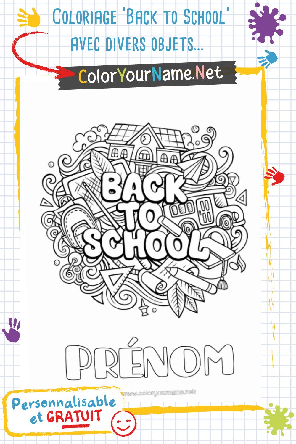 Coloriage 'Back to School' avec divers objets de fournitures scolaires