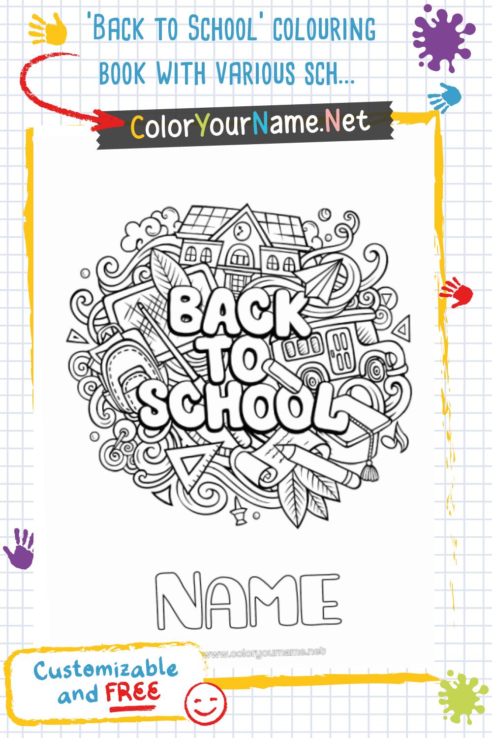 'Back to School' colouring book with various school supplies