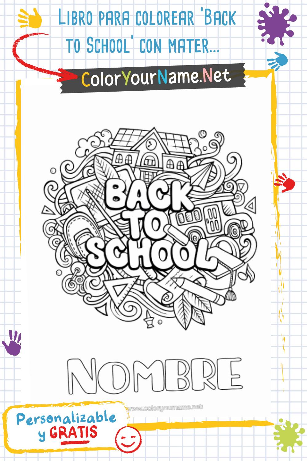 Libro para colorear 'Back to School' con material escolar variado