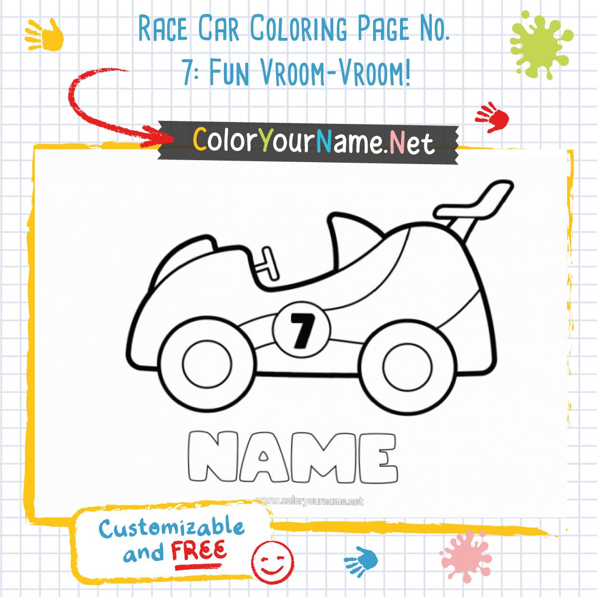 Race Car Coloring Page No. 7: Fun Vroom-Vroom!