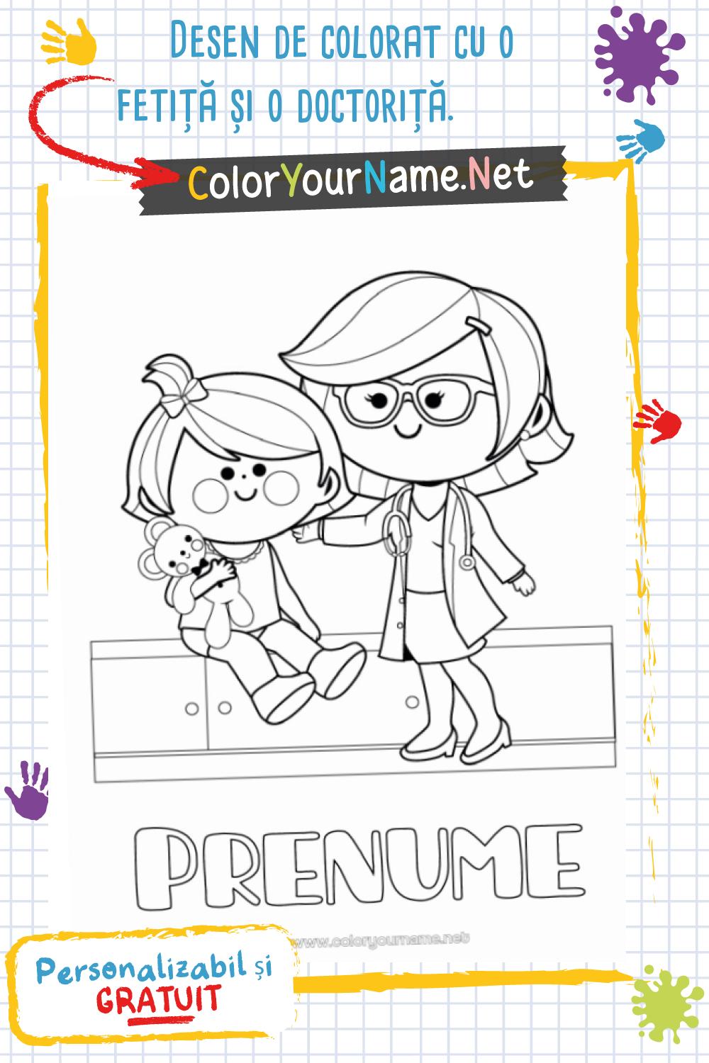 Desen de colorat cu o fetiță și o doctoriță.