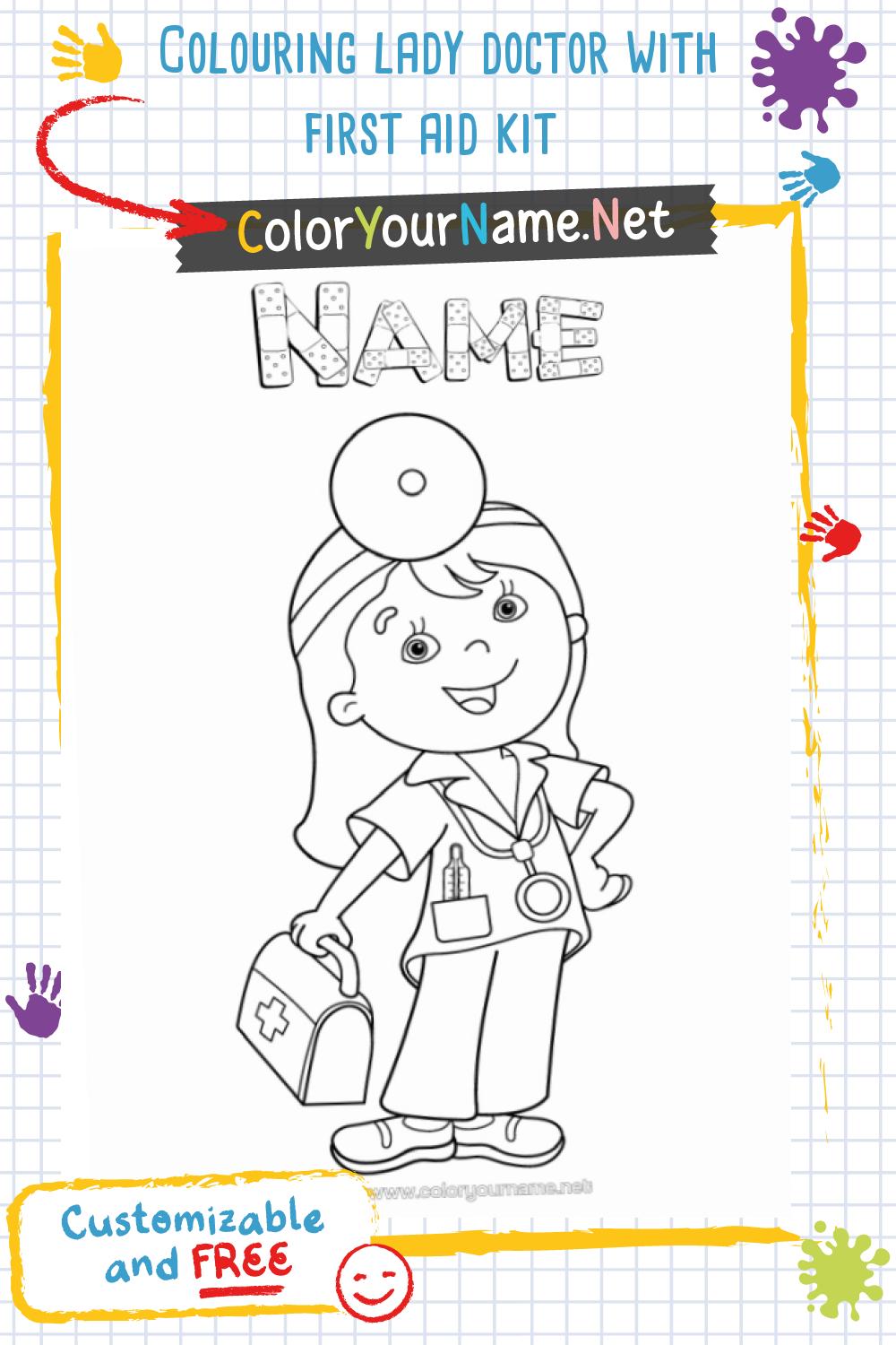 Colouring lady doctor with first aid kit