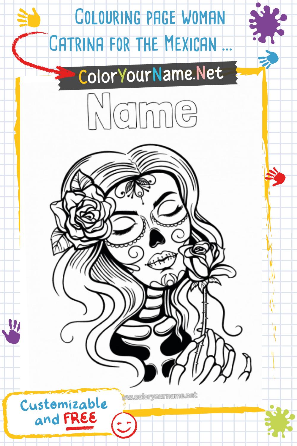 Colouring page woman Catrina for the Mexican Day of the Dead