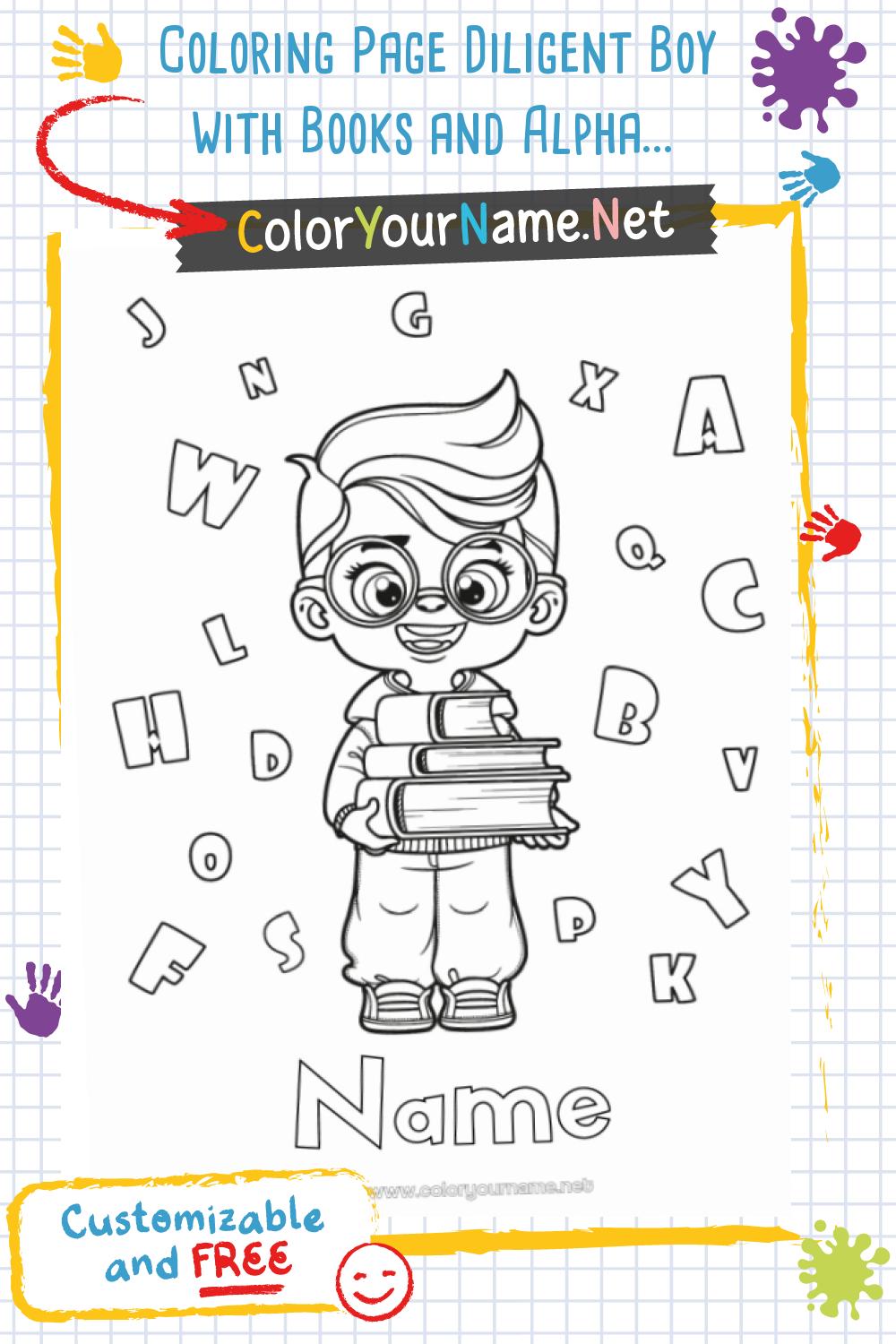 Coloring Page Diligent Boy with Books and Alphabet Letters
