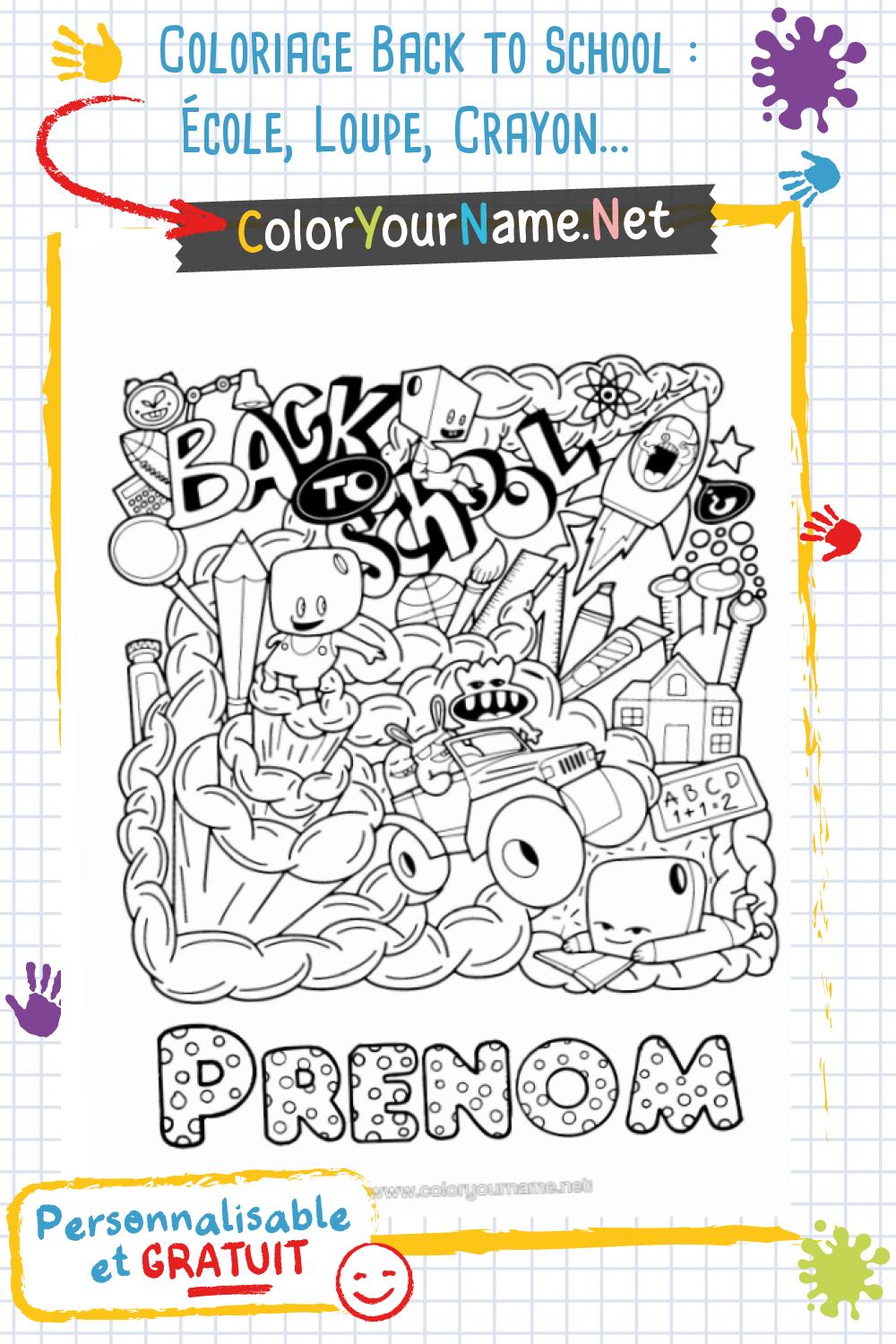 Coloriage Back to School : École, Loupe, Crayon et plus
