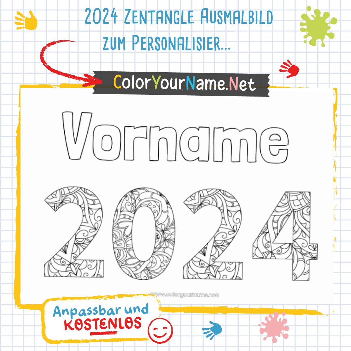 2024 Zentangle Ausmalbild zum Personalisieren: Frohes Neues Jahr und mehr.