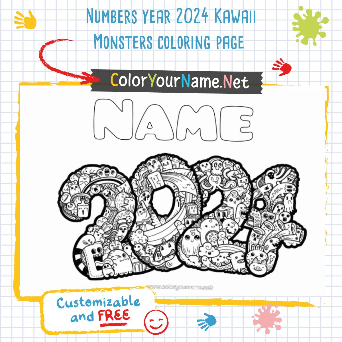 Numbers year 2024 Kawaii Monsters coloring page