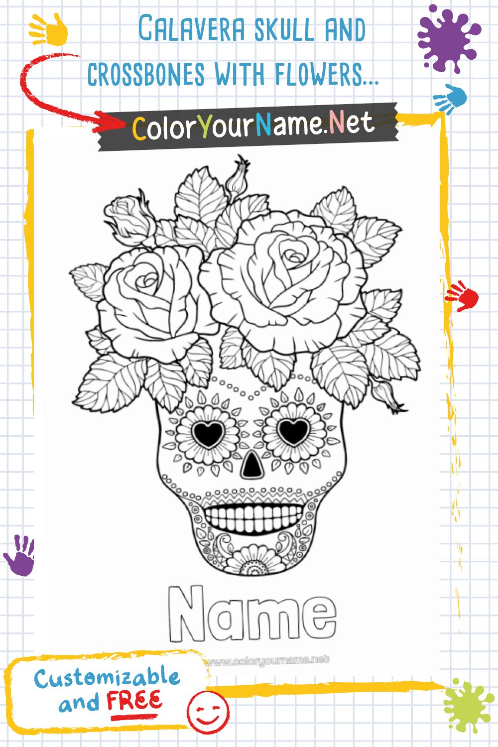 Calavera skull and crossbones with flowers to colour for Dia de los Muertos