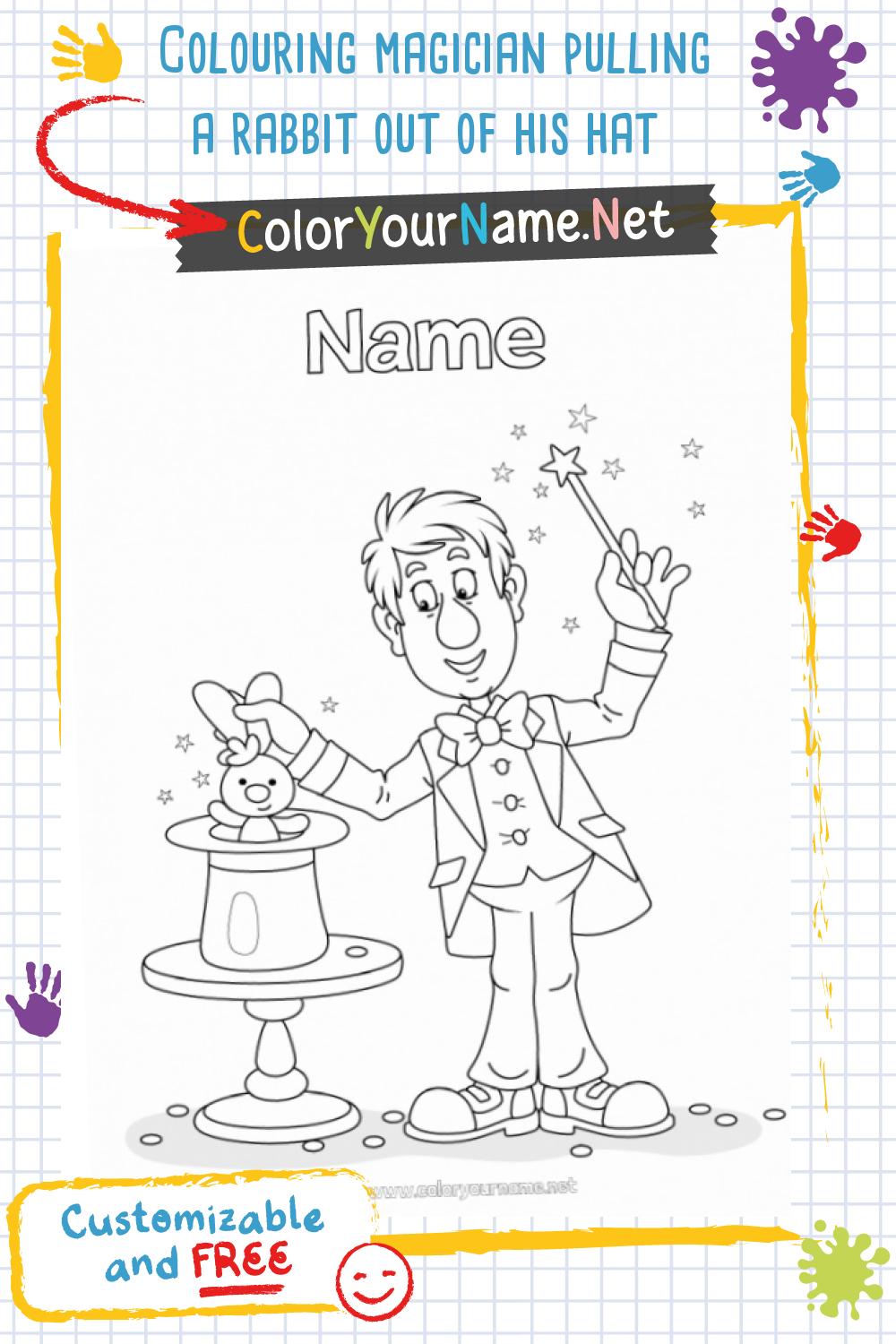 Colouring magician pulling a rabbit out of his hat