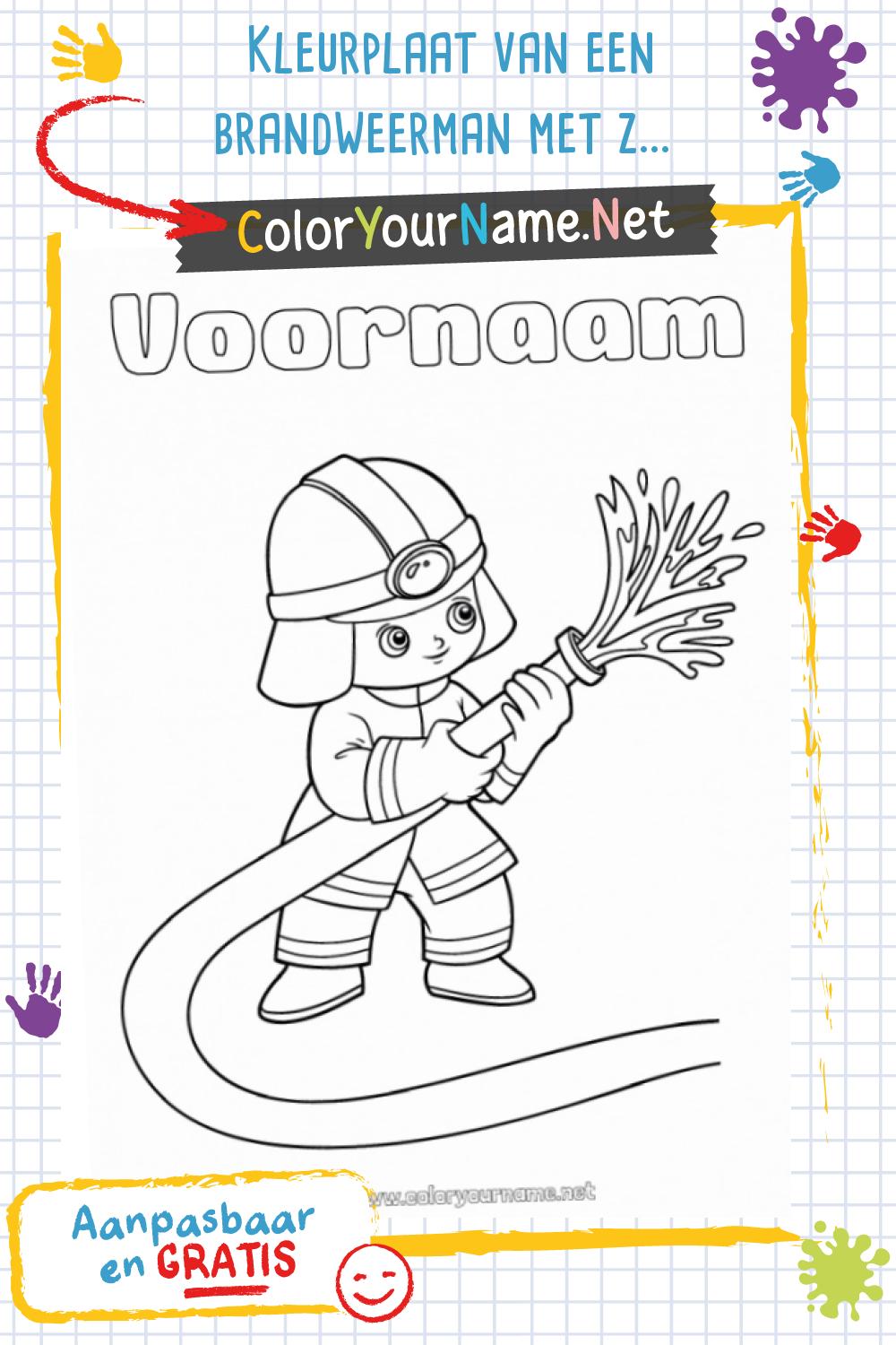 Kleurplaat van een brandweerman met zijn brandslang