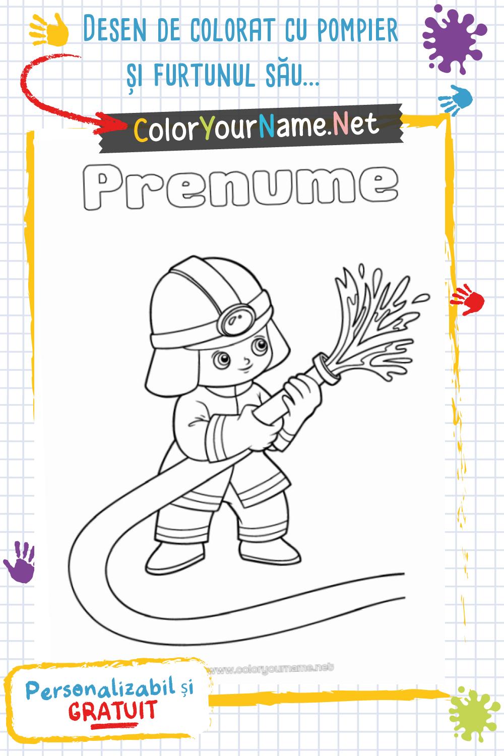 Desen de colorat cu pompier și furtunul său de incendiu.