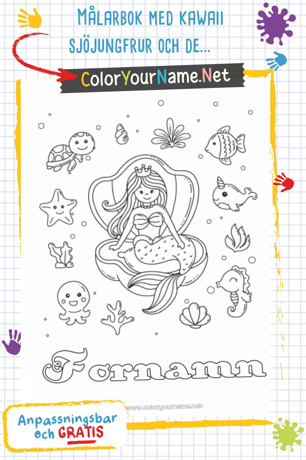 Målarbok med kawaii sjöjungfrur och deras vänner