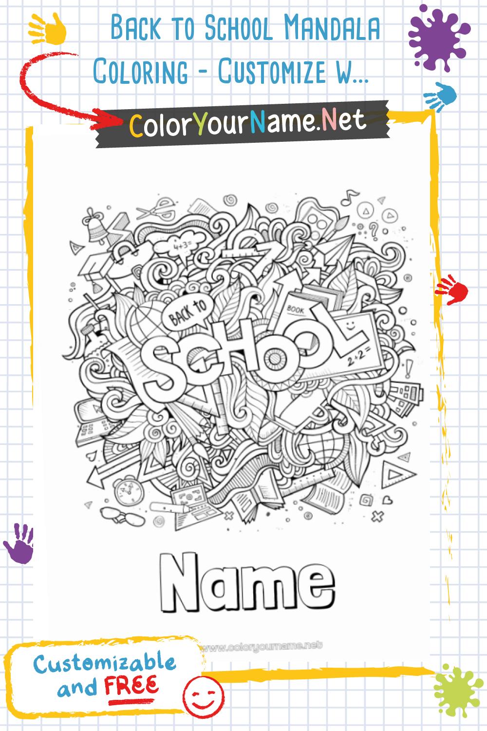 Back to School Mandala Coloring - Customize with Messages or Names