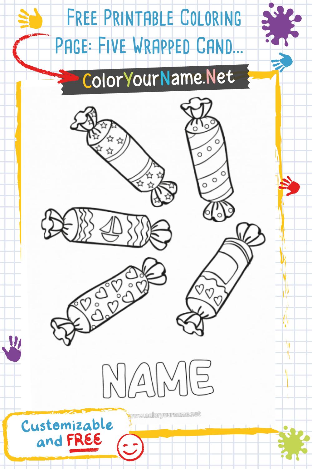 Free Printable Coloring Page: Five Wrapped Candies with Different Patterns