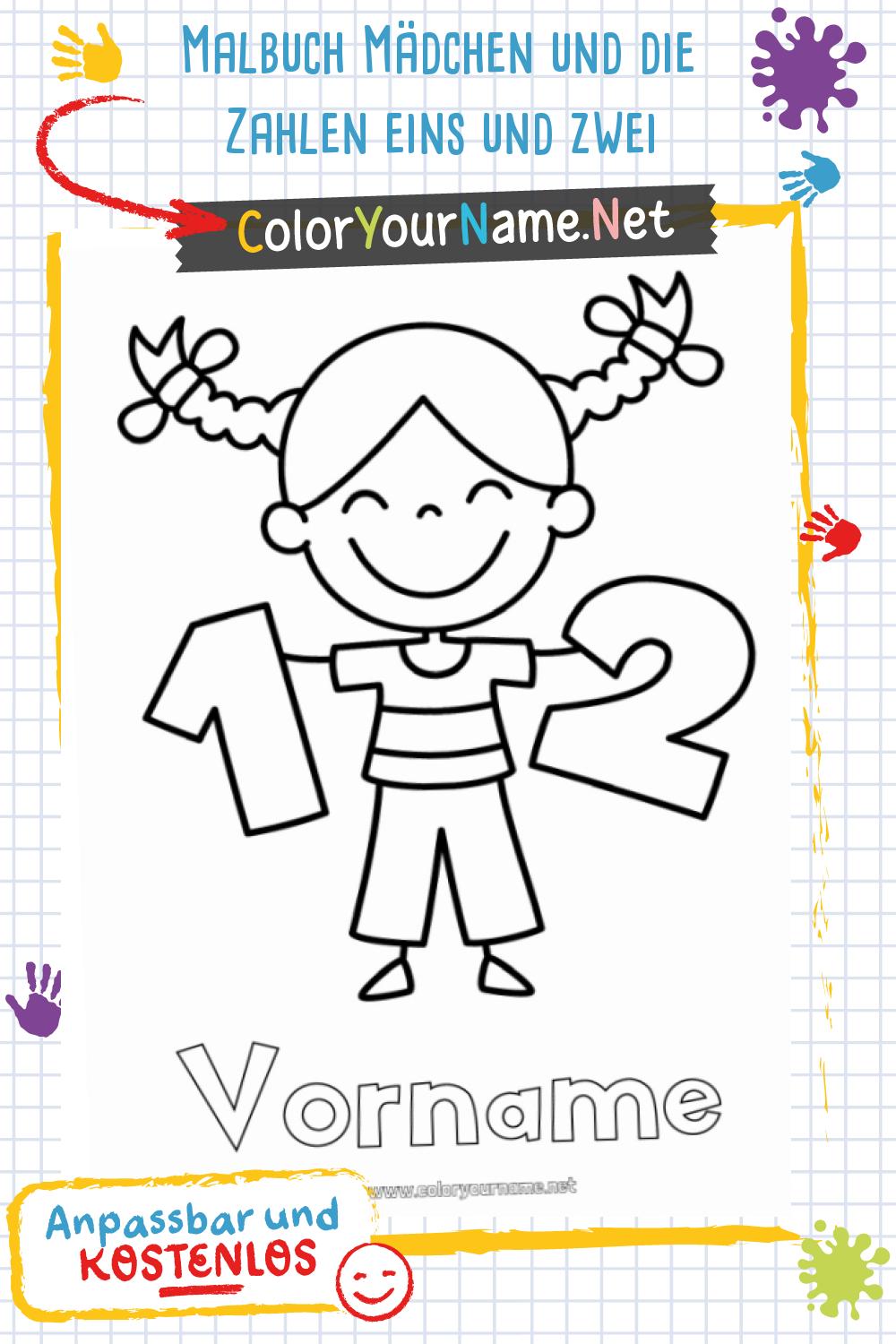 Malbuch Mädchen und die Zahlen eins und zwei