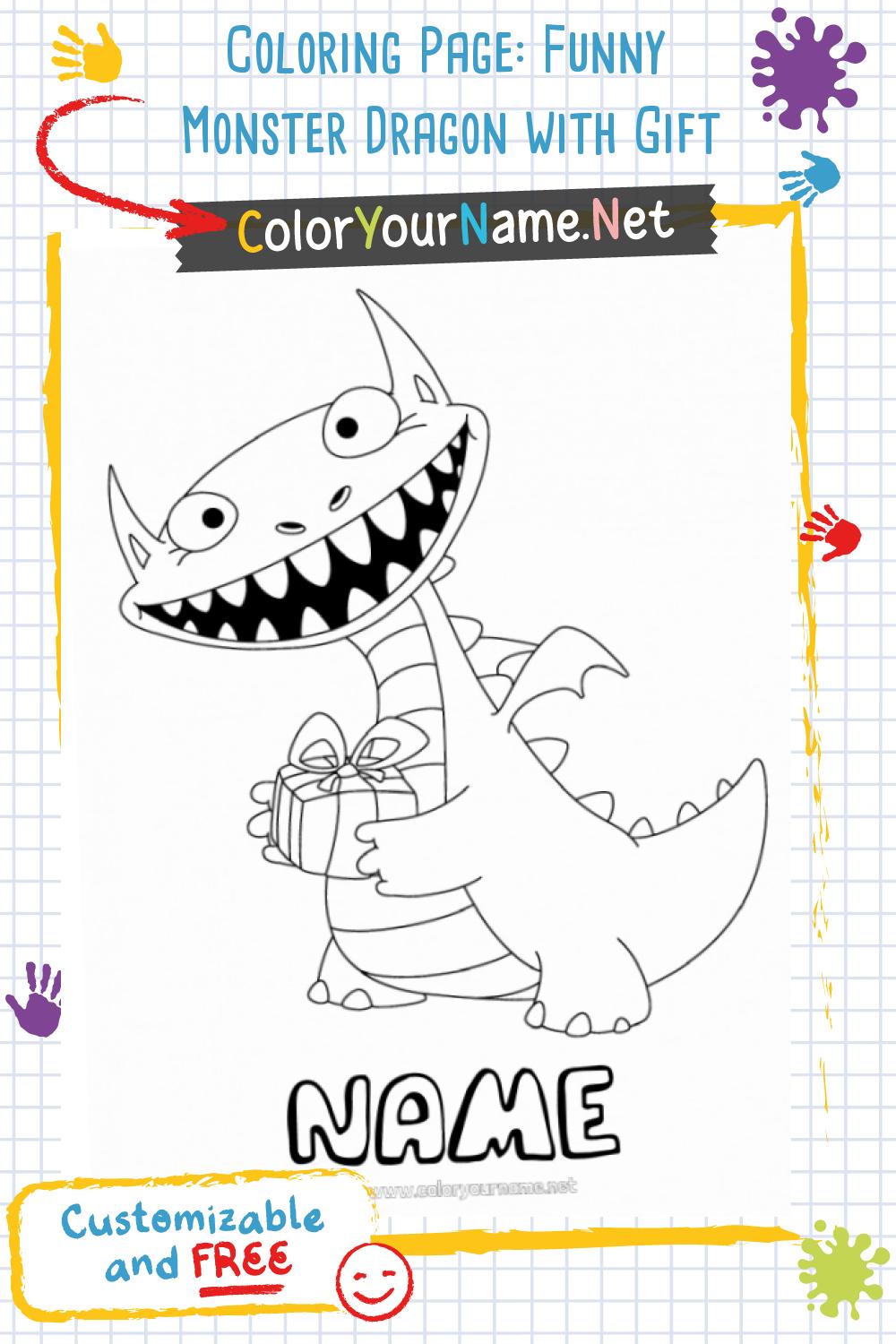 Coloring Page: Funny Monster Dragon with Gift