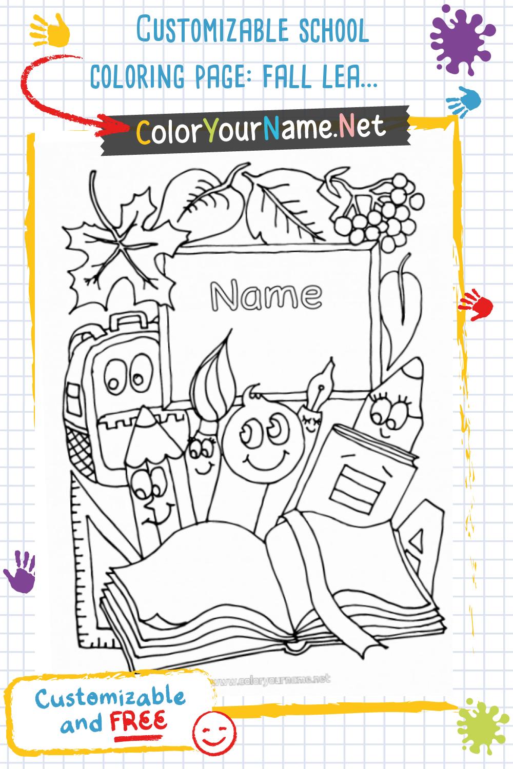 Customizable school coloring page: fall leaves and supplies