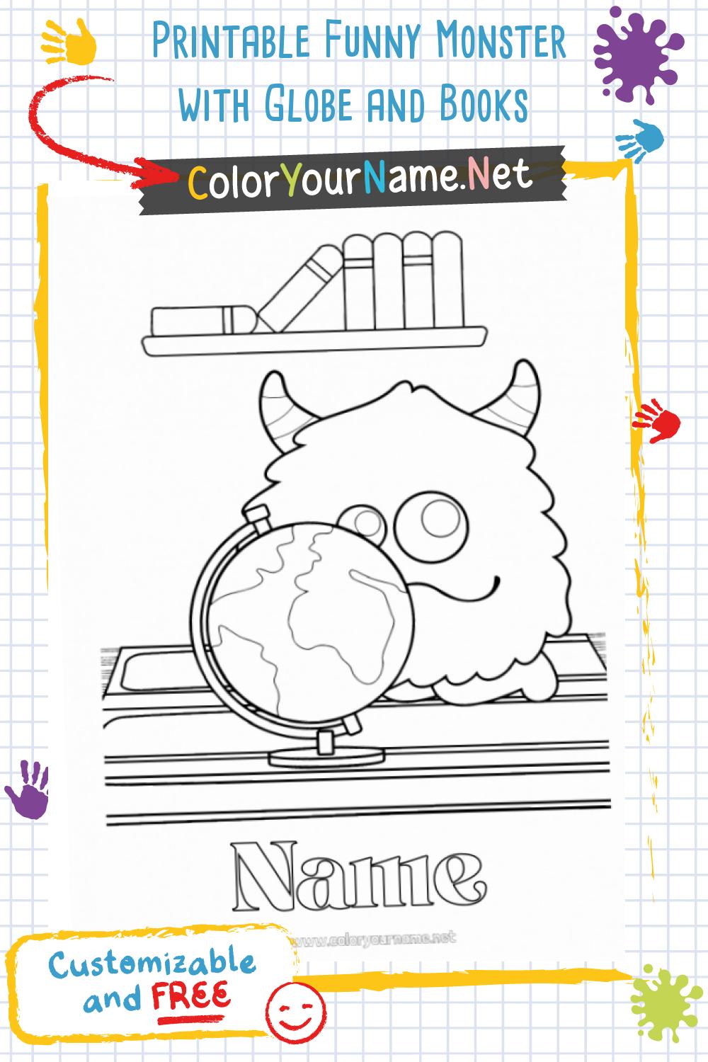Printable Funny Monster with Globe and Books