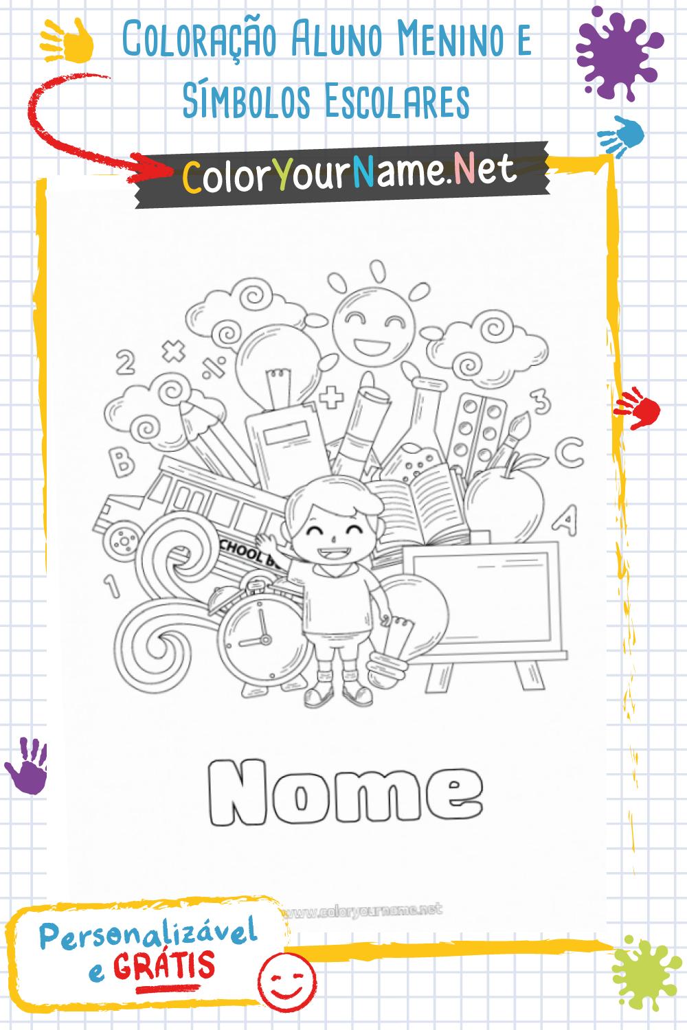Coloração Aluno Menino e Símbolos Escolares