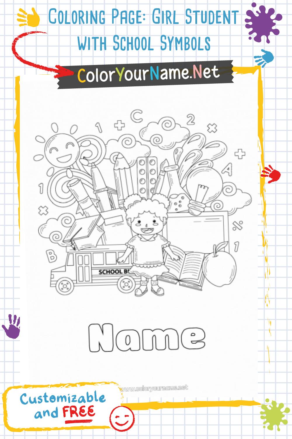 Coloring Page: Girl Student with School Symbols