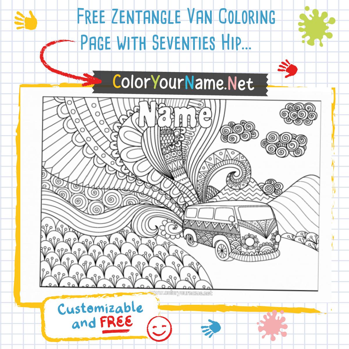 Free Zentangle Van Coloring Page with Seventies Hippie Vibe