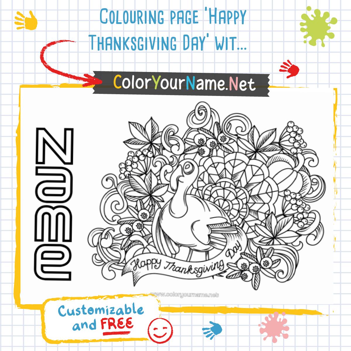 Colouring page 'Happy Thanksgiving Day' with a turkey