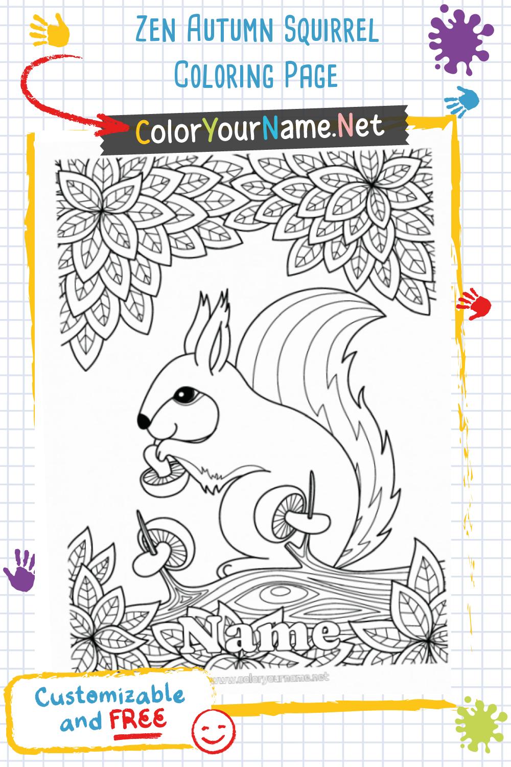 Zen Autumn Squirrel Coloring Page
