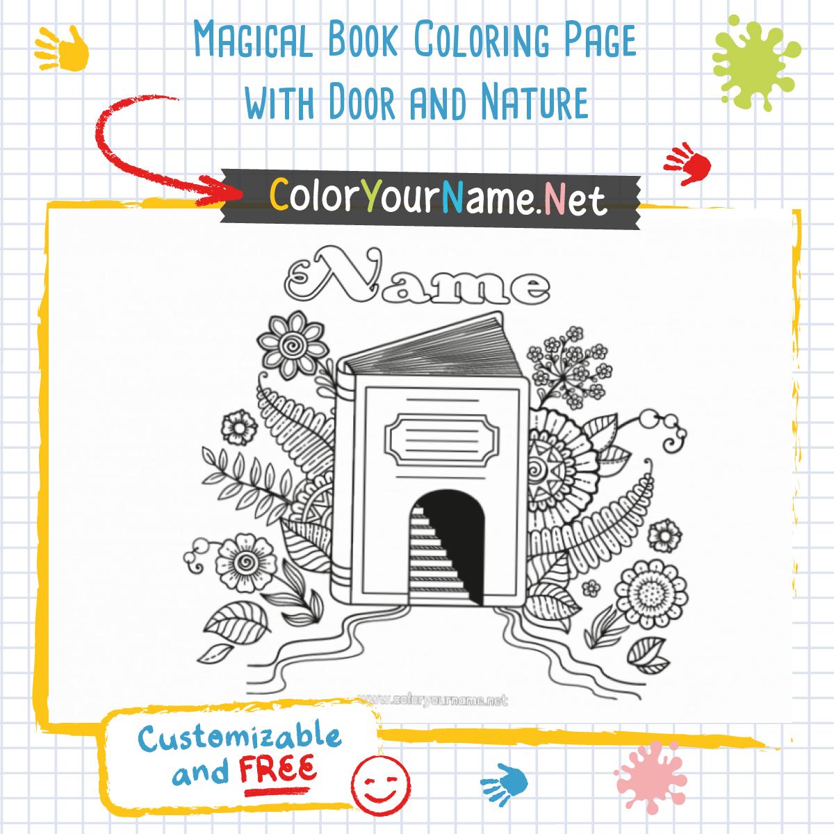 Magical Book Coloring Page with Door and Nature