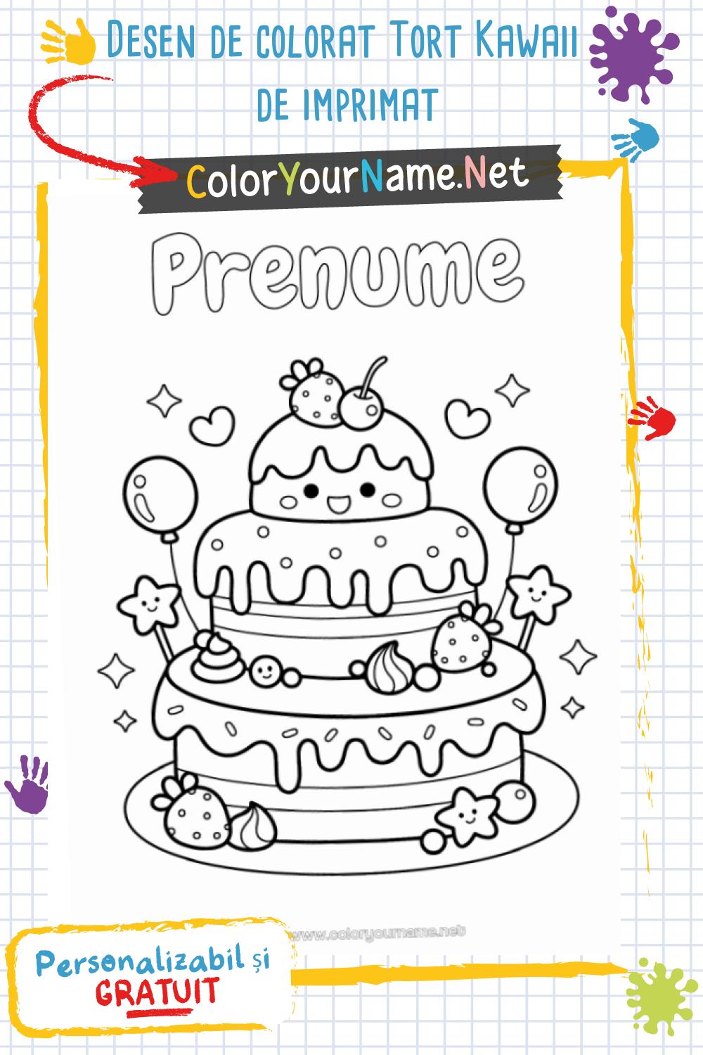 Desen de colorat Tort Kawaii de imprimat