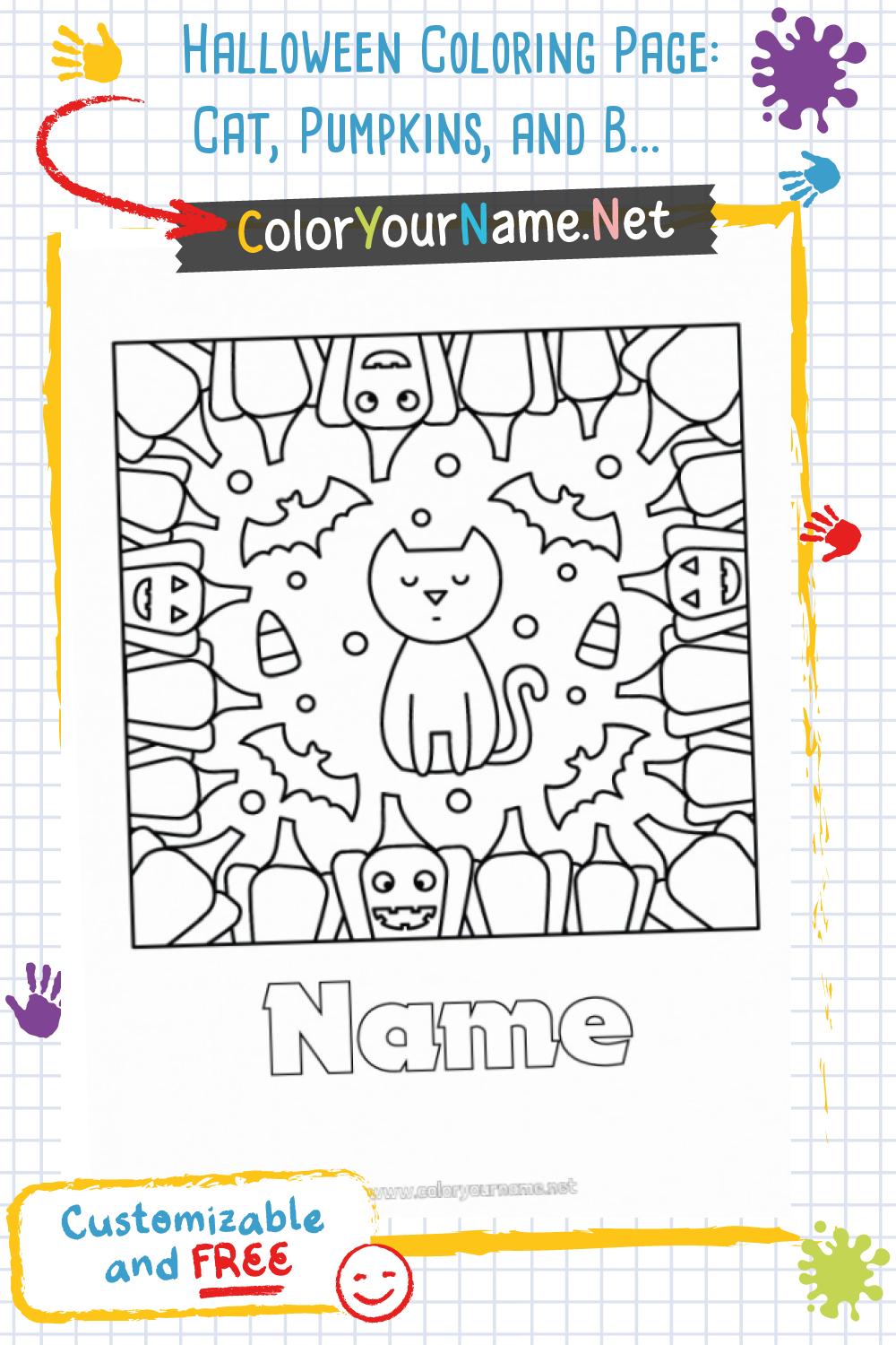 Halloween Coloring Page: Cat, Pumpkins, and Bats Frame