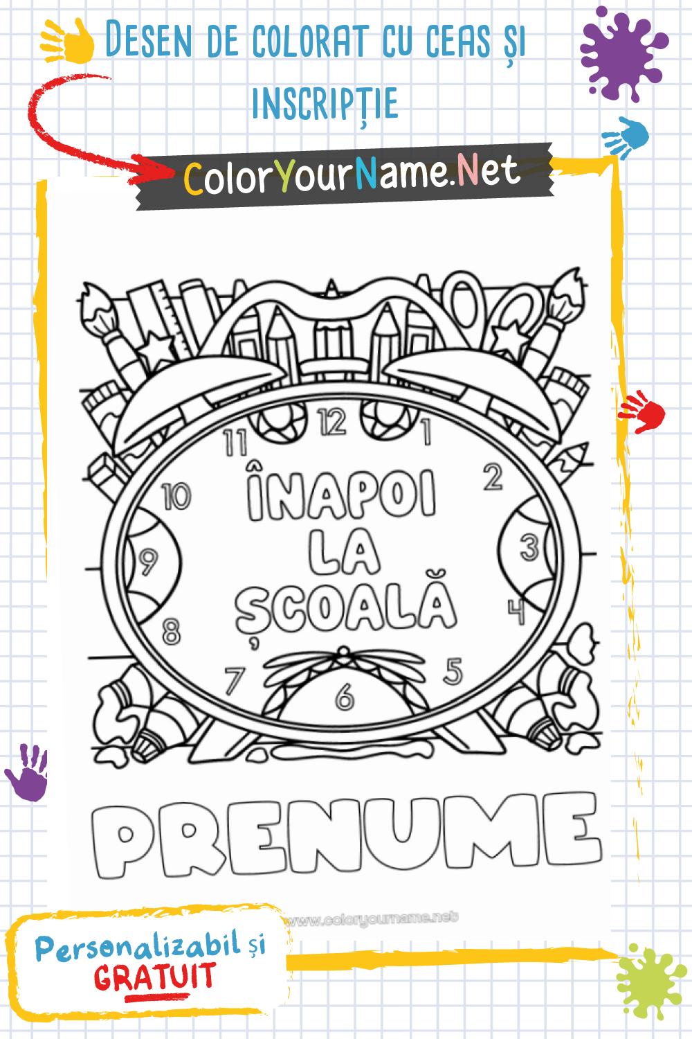 Desen de colorat cu ceas și inscripție