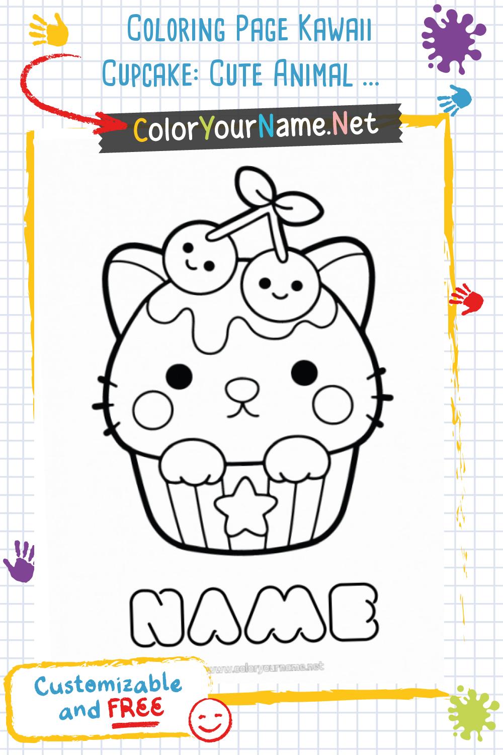 Coloring Page Kawaii Cupcake: Cute Animal and Smiling Cherry