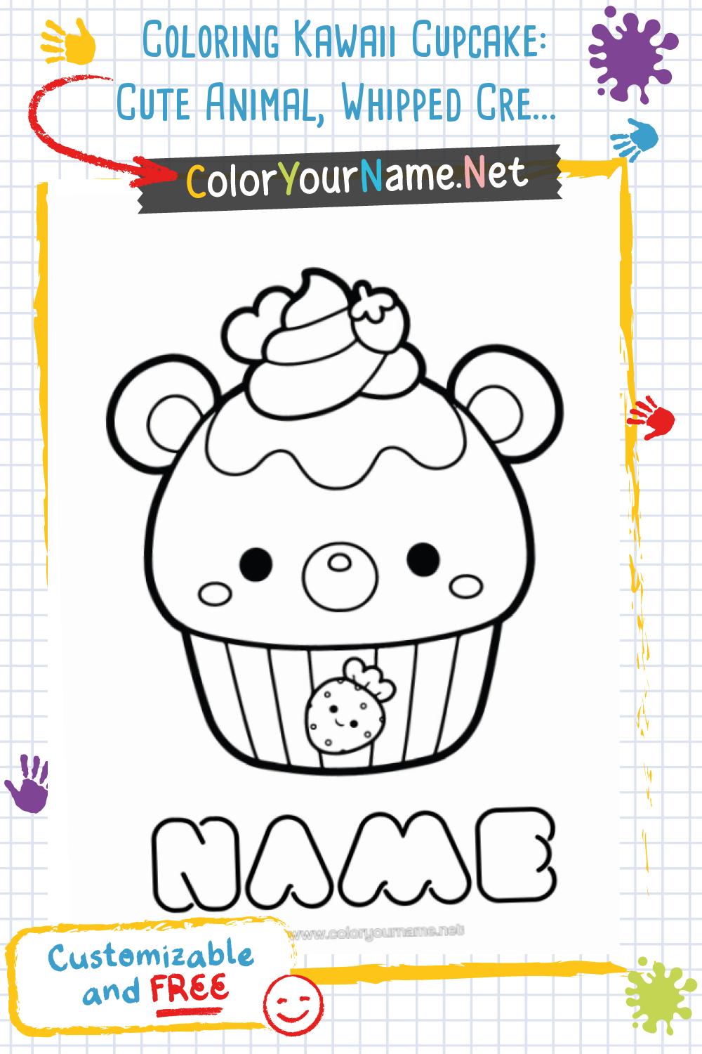 Coloring Kawaii Cupcake: Cute Animal, Whipped Cream, and Strawberry