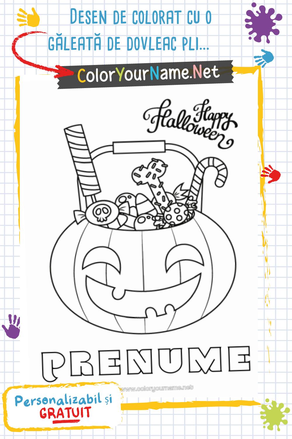 Desen de colorat cu o găleată de dovleac plină de bomboane.