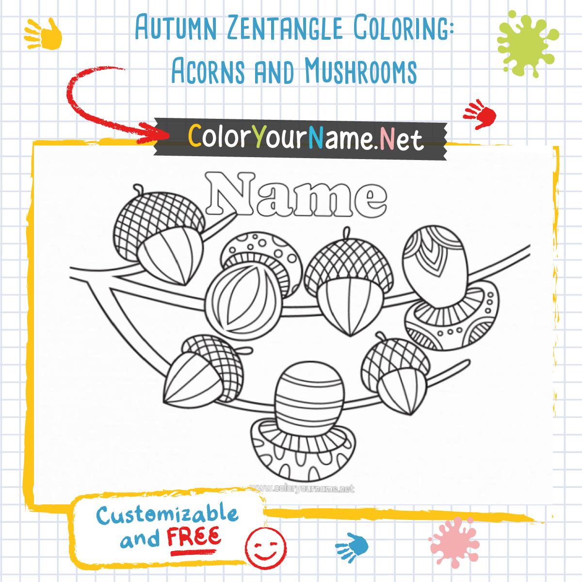 Autumn Zentangle Coloring: Acorns and Mushrooms