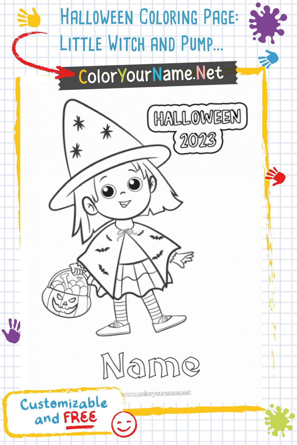 Halloween Coloring Page: Little Witch and Pumpkin Basket