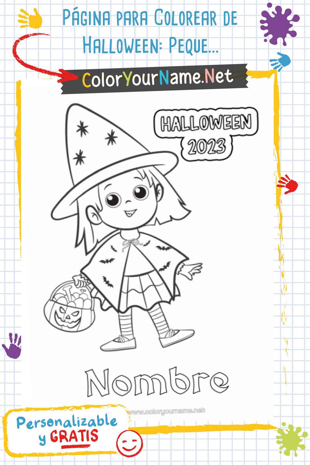Página para Colorear de Halloween: Pequeña Brujita y Cesta de Calabaza