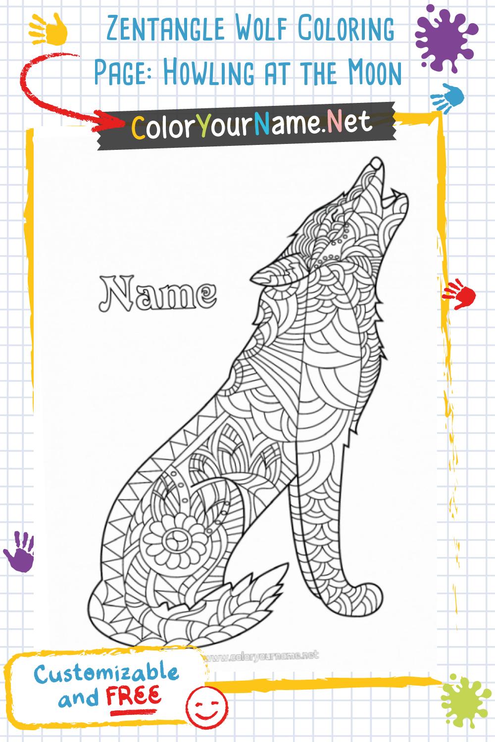 Zentangle Wolf Coloring Page: Howling at the Moon