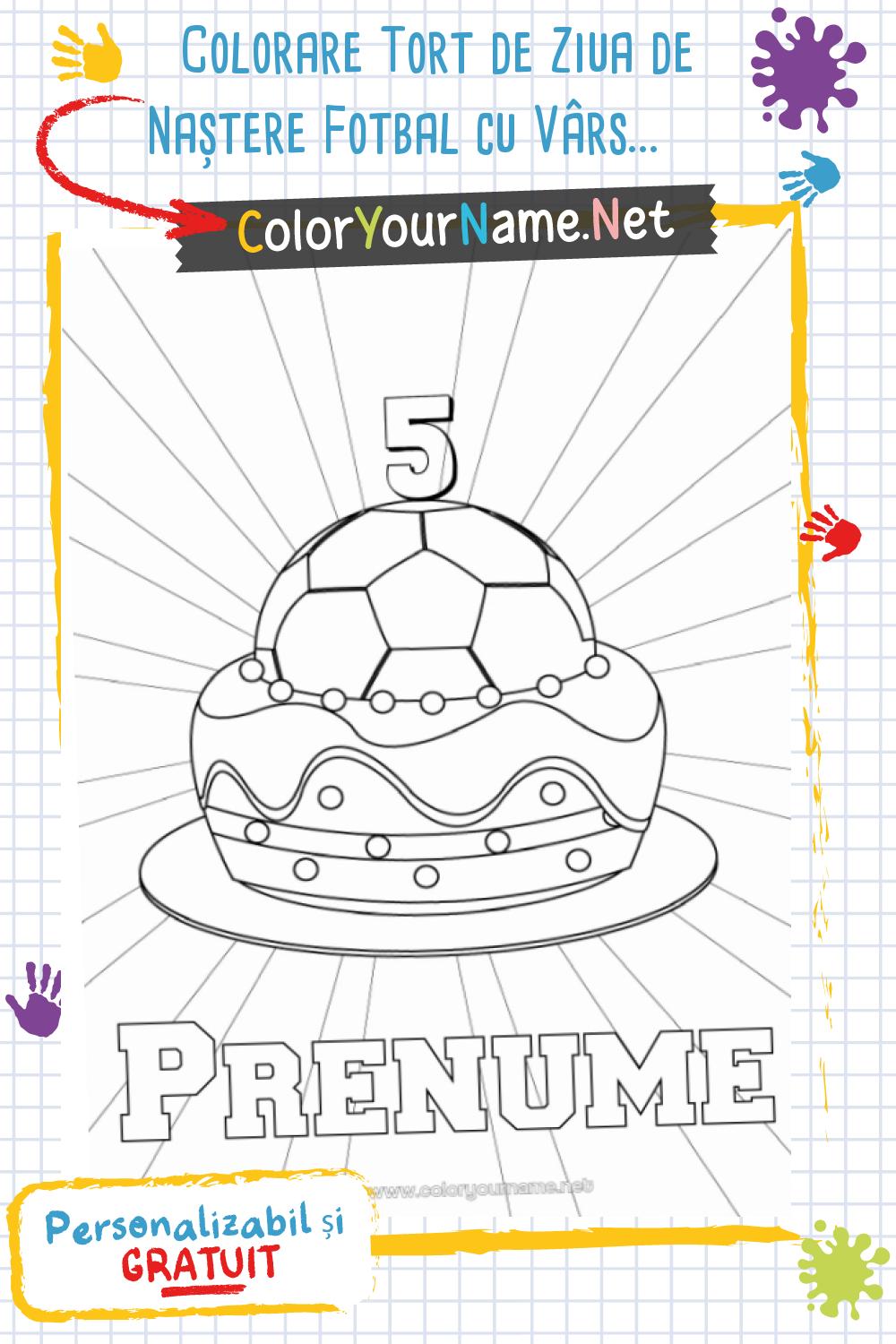 Colorare Tort de Ziua de Naștere Fotbal cu Vârstă Personalizată