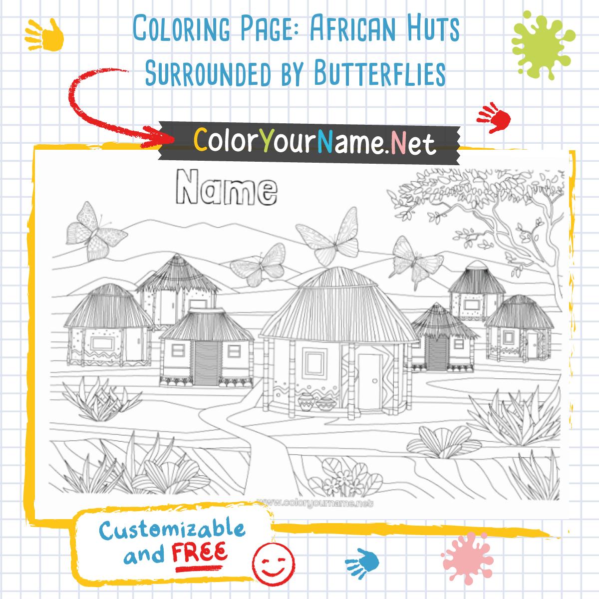 Coloring Page: African Huts Surrounded by Butterflies