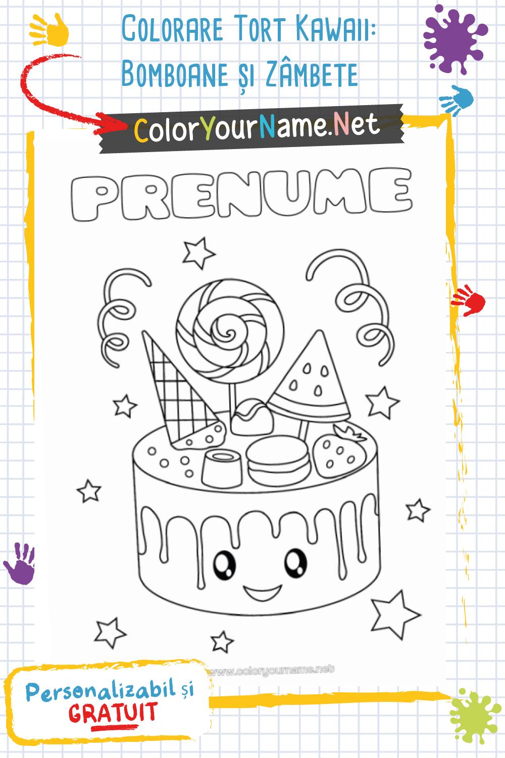 Colorare Tort Kawaii: Bomboane și Zâmbete