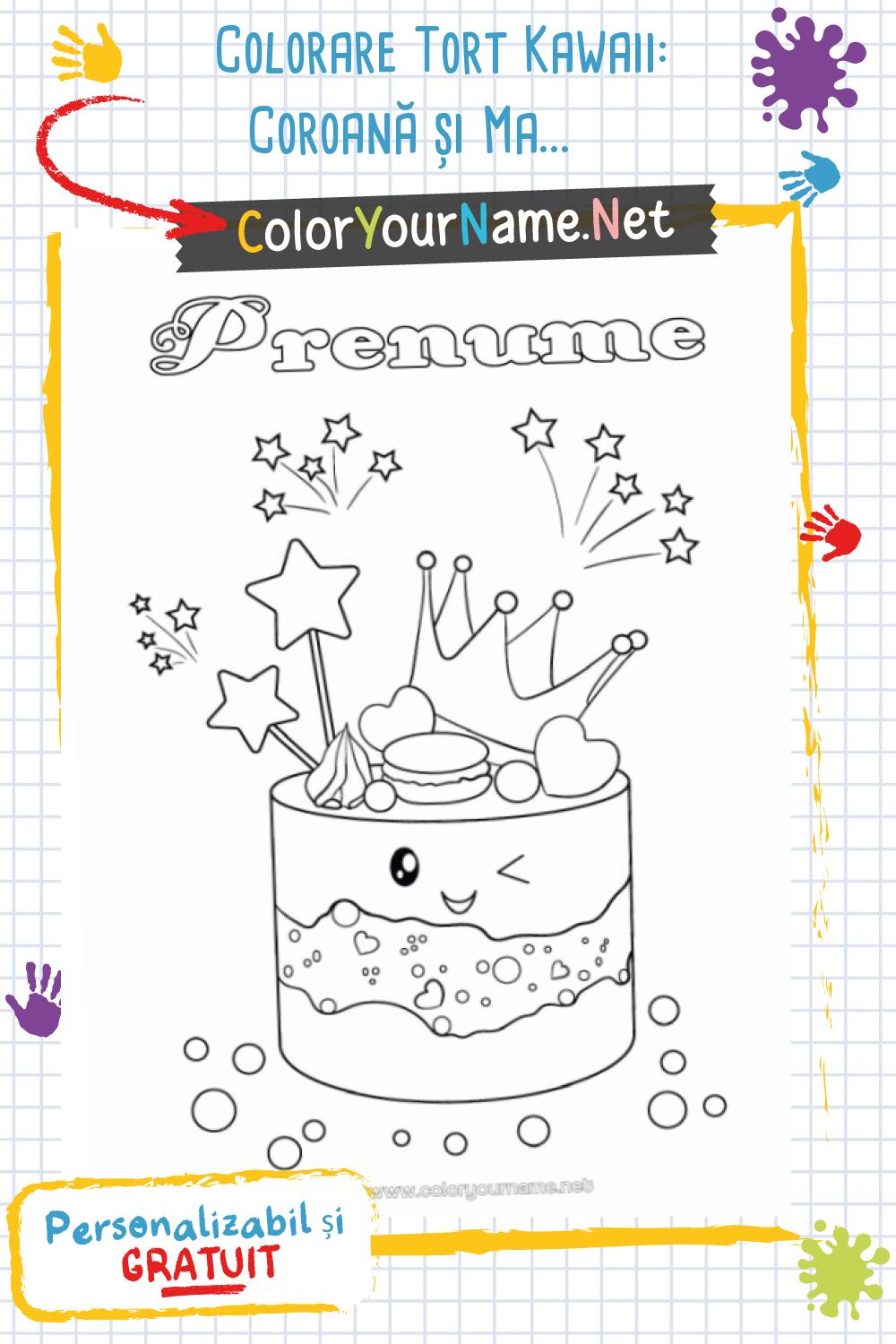 Colorare Tort Kawaii: Coroană și Magia Prințeselor