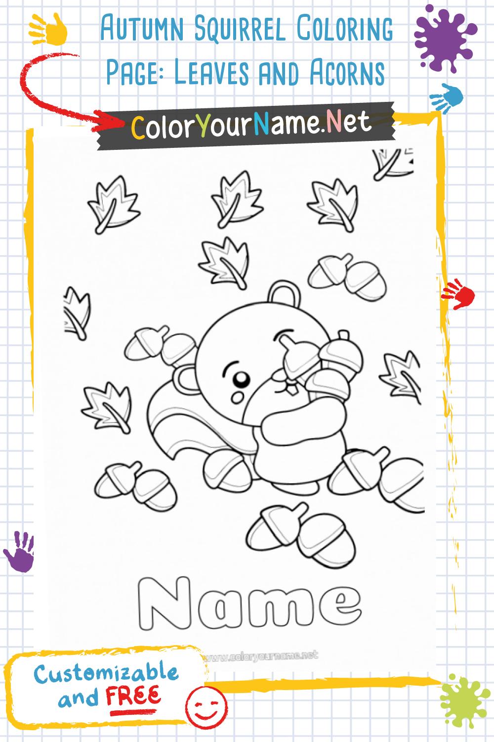 Autumn Squirrel Coloring Page: Leaves and Acorns