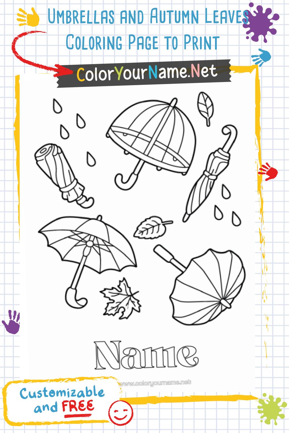 Umbrellas and Autumn Leaves Coloring Page to Print