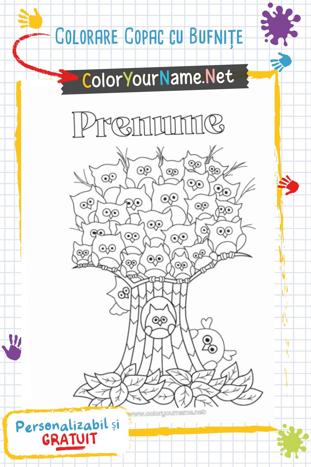 Colorare Copac cu Bufnițe
