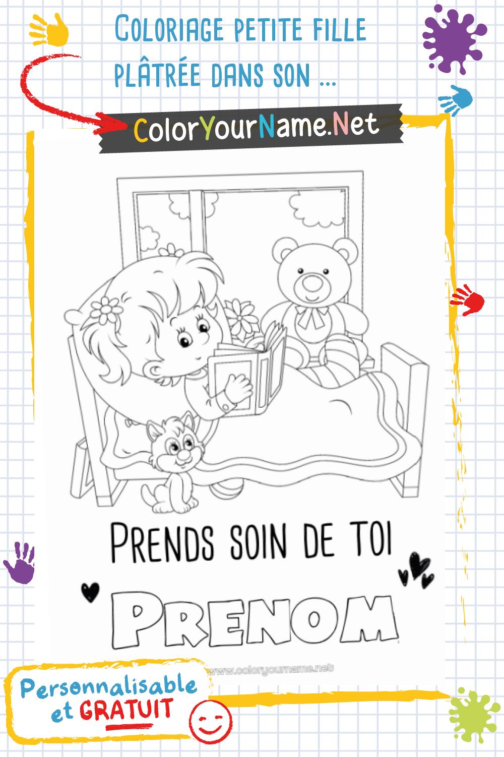 Coloriage petite fille plâtrée dans son lit 'soigne-toi bien'
