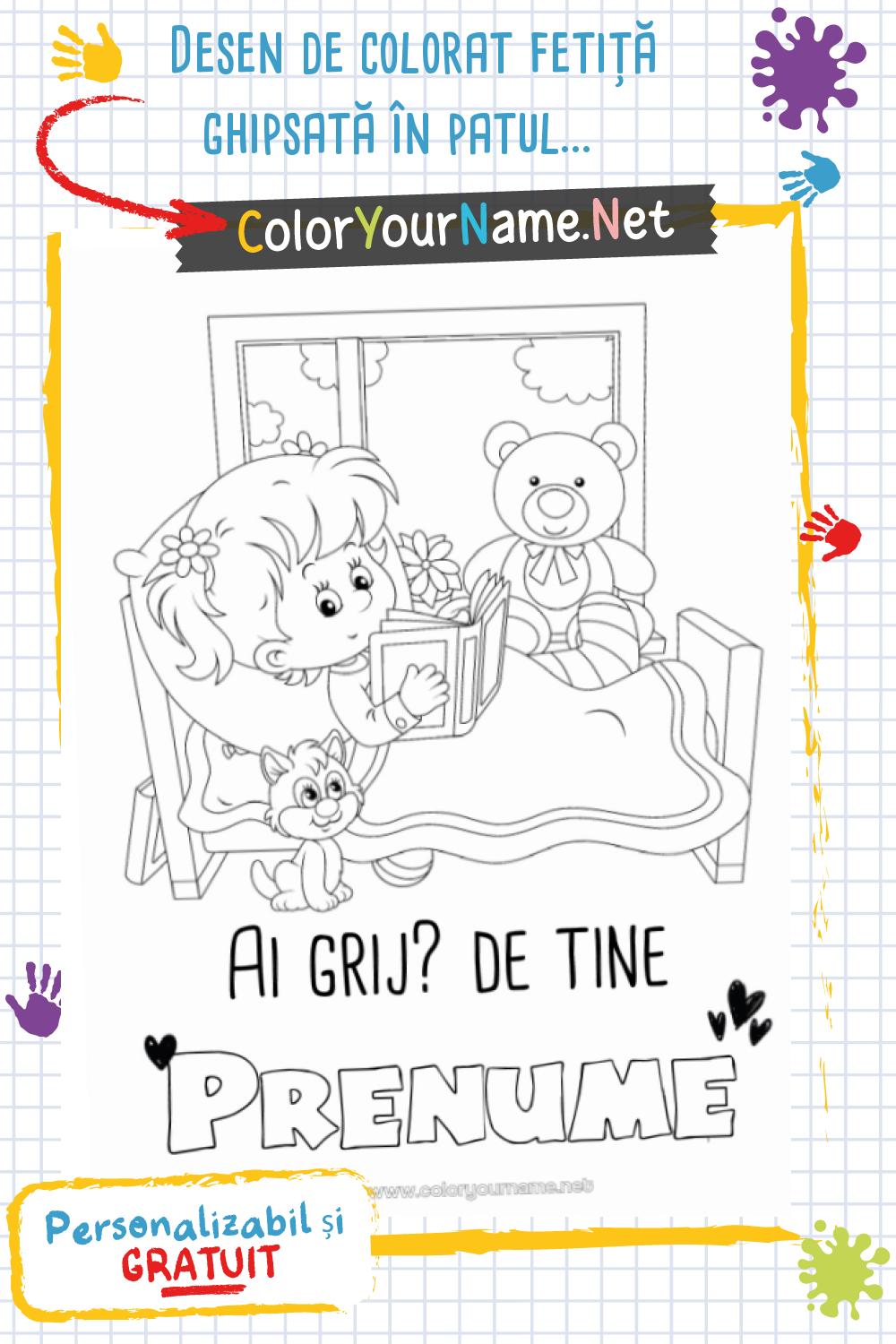 Desen de colorat fetiță ghipsată în patul ei 'îngrijește-te bine'