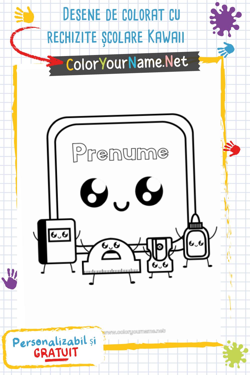 Desene de colorat cu rechizite școlare Kawaii