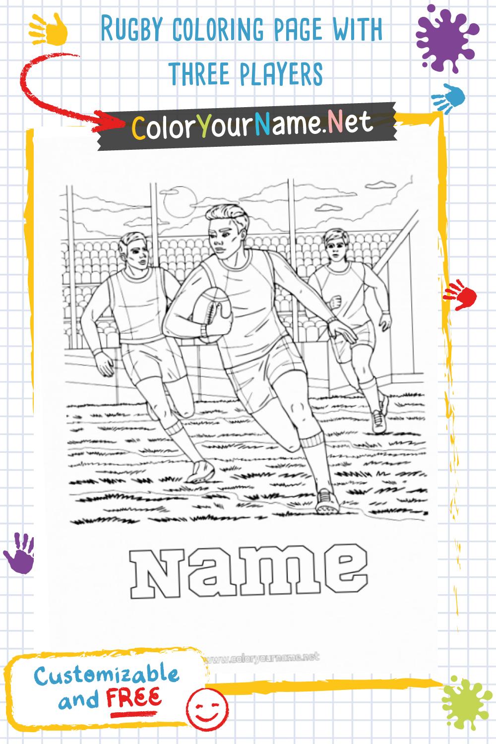 Rugby coloring page with three players