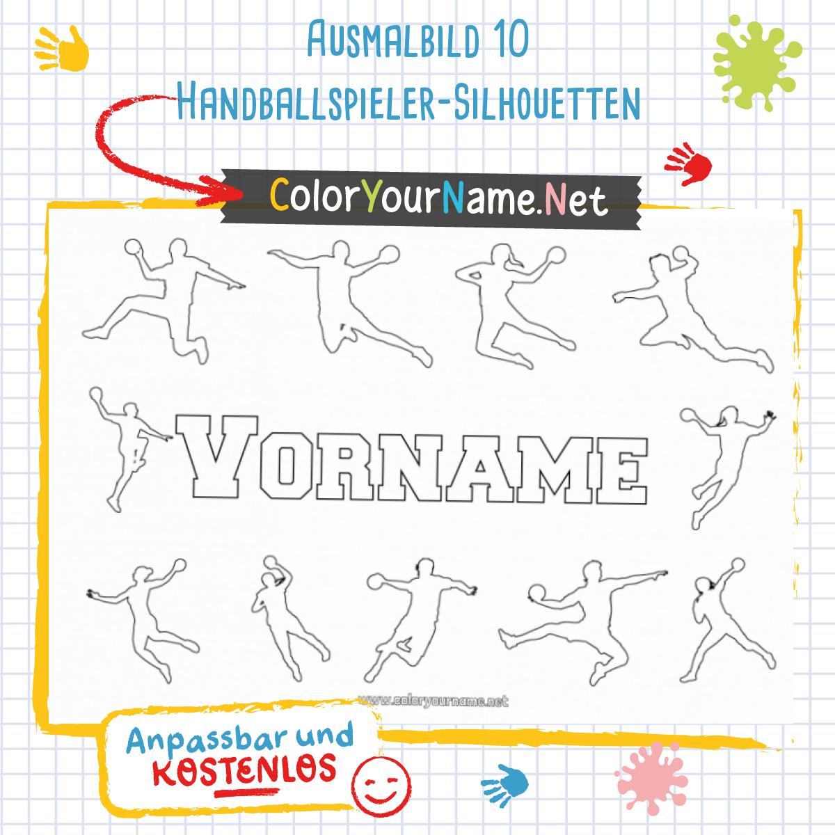 Ausmalbild 10 Handballspieler-Silhouetten